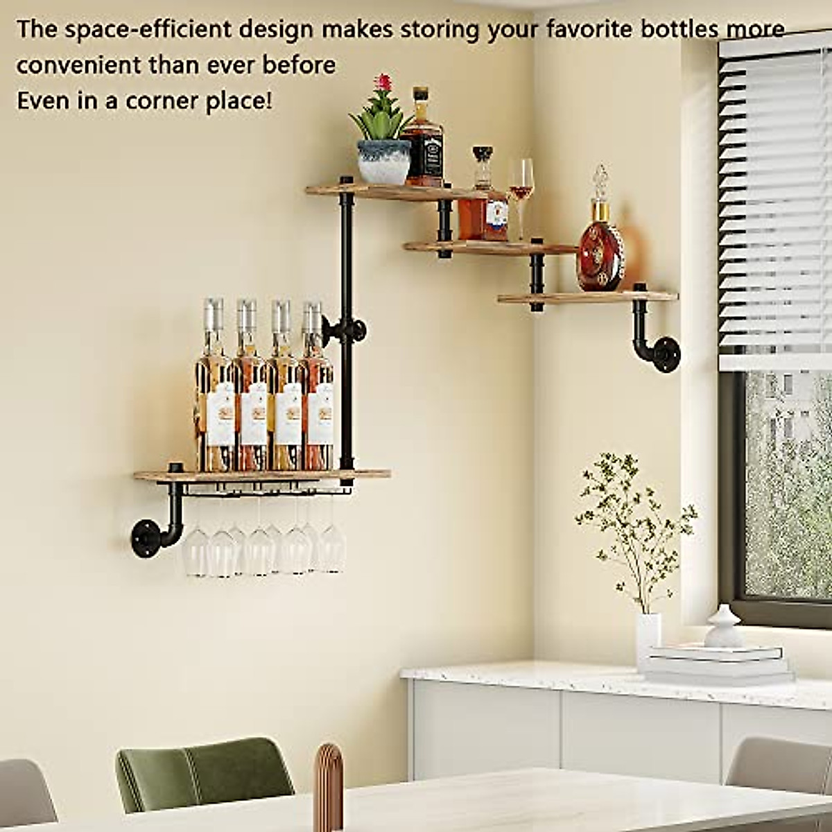 MAIKAILUN Wine Rack Wall Mounted with 4 Stem Glass Holder,Industria Floating Wine Pipe Shelf Bar Shelves, Liquor Cabinet for Home, Kitchen Living Room Decor Display Rack