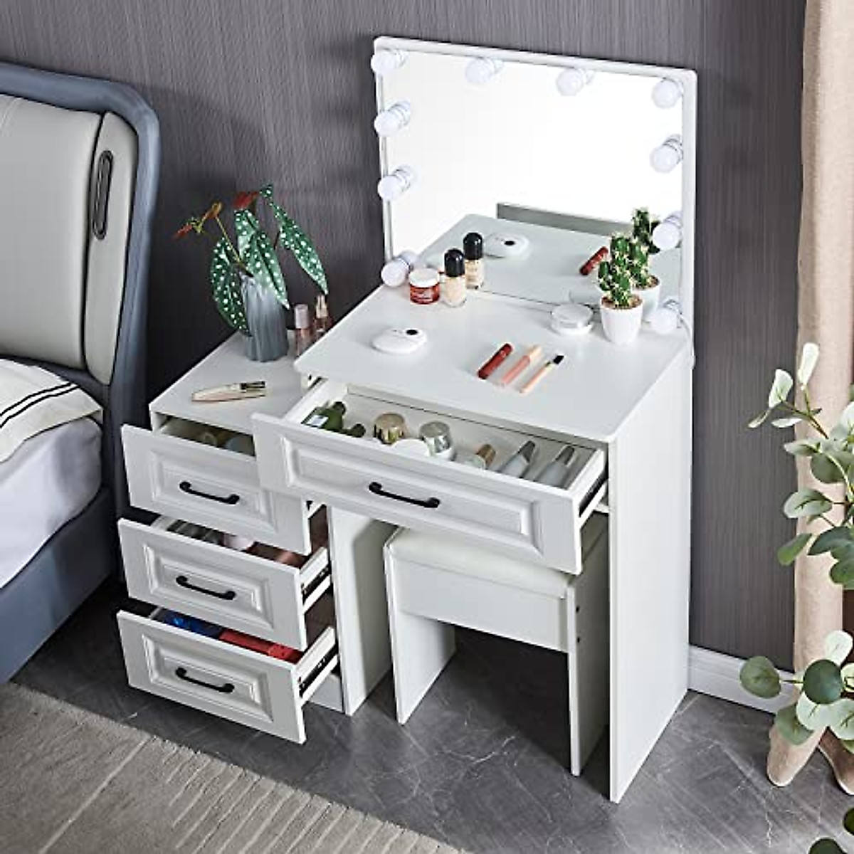 Kkonetoy Makeup Vanity Desk with Lighted Mirror, Dressing Table Set with Stool and Drawers, White, 47" H x 31.5" W x 14.2" W