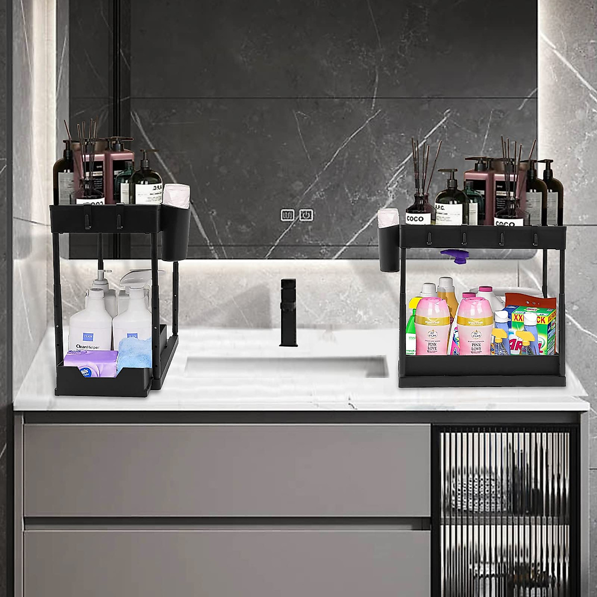 2 Pack Under Sink Organizers and Storage, 2 Tier Sliding Under Storage Drawer Organizer with Hooks and Hanging Cup,for Bathroom Kitchen Sink Organizer,Black