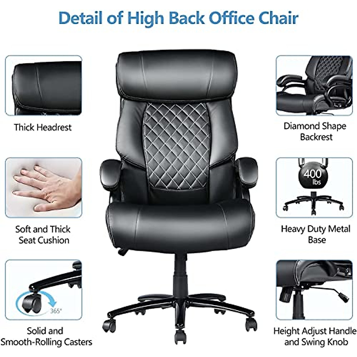 Big and Tall Office Chair, Computer Desk Chair with High Back, Office Chairs for Heavy People, PU Leather Home Office Desk Chair for Bedroom, 360°Rotating Heavy Duty Office Chair, Black