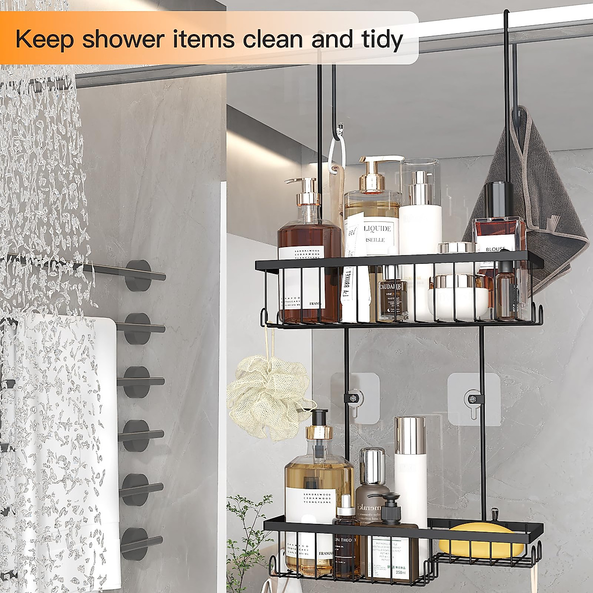 Fixwal Hanging Shower Caddy Over the Door with Soap Holder, No Drilling Adhesive Bathroom Storage Organizer Rack with 10 Hooks Hanging Shelf Basket Rustproof Waterproof Anti-Swing, 2 Tiers