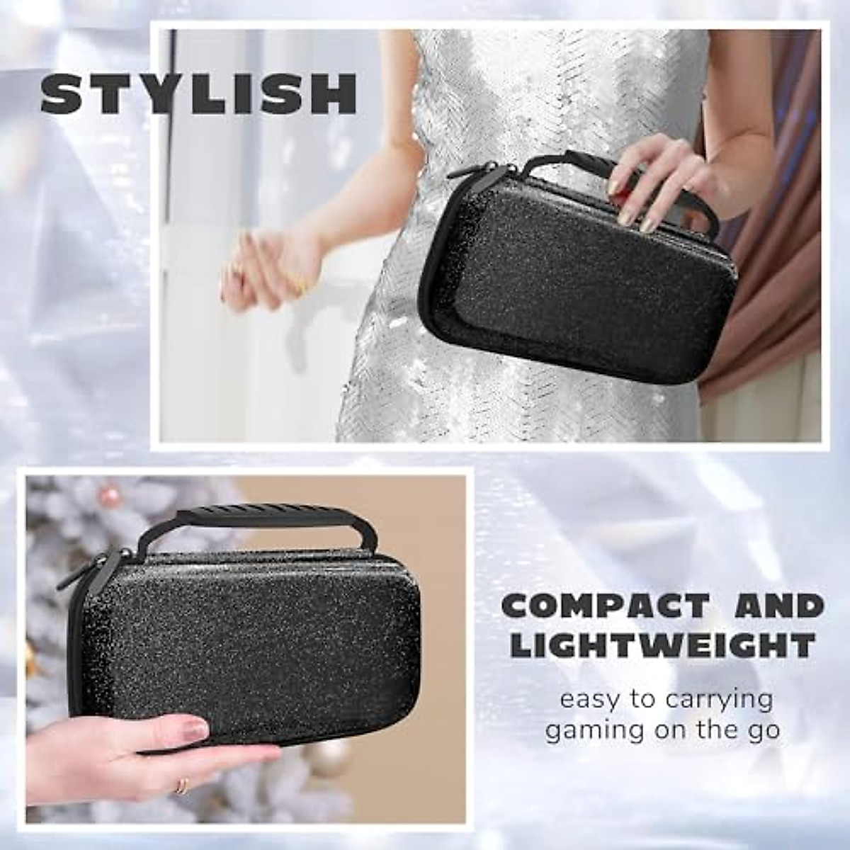 homicozy Glitter Carrying Case Compatible with Nintendo Switch OLED & Switch Console,Black Protective Hard Travel Case Shell Pouch for Nintendo Switch Console/Accessories,Switch Gaming Case for Girls