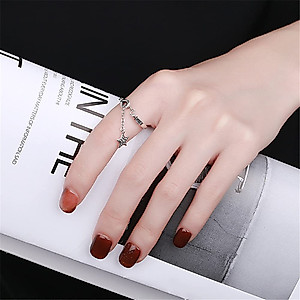 NewZenro Vintage Star Chain Tassel Asymmetric Tiny Open Rings Dainty 925 Sterling Silver Adjustable Small Thin Statement Finger Rings Minimalist Charm Dangle Expandable Knuckle Rings for Women Bff