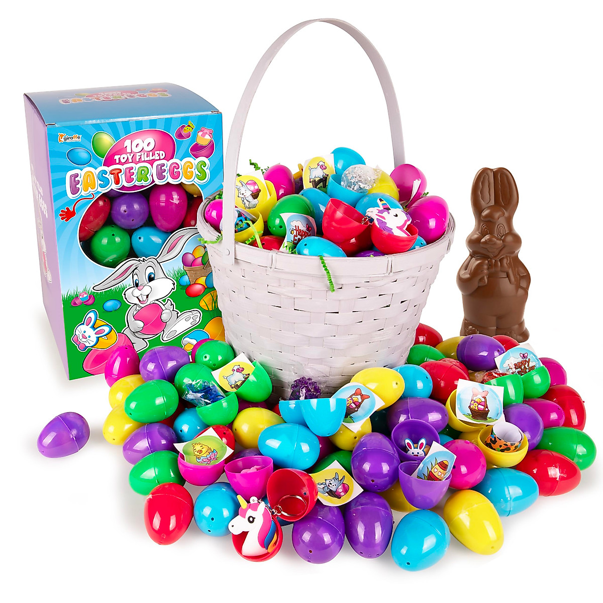 100-Pcs Easter Eggs with Toys Inside I Prefilled Easter Eggs Includes Slap Bracelets, Sticky Hands, Light Up Rings & More I Plastic Easter Egg Fillers for Your Easter Egg Hunt Bulk Easter Party Favors