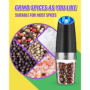 Gravity Electric Salt Ginder Pepper Grinder, Automatic Pepper and Salt Mill Grinder Battery-Operated with Adjustable Coarseness, LED Light, One Hand Operated