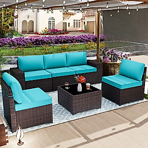ALAULM 6 Pieces Patio Furniture Set Sectional Sofa Set Outdoor Furniture All Weather Brown PE Rattan Patio Conversation Set w/5 Blue Seat Cushions and 1 Coffee Table