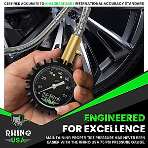 Rhino USA Heavy Duty Tire Pressure Gauge (0-75 PSI) - Certified ANSI B40.1 Accurate, Large 2" Easy Read Glow Dial, Premium Braided Hose, Solid Brass Hardware, Best for Any Car, Truck, Motorcycle, RV