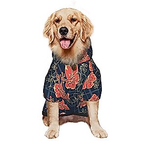 Large Dog Hoodie Hibiscus-Flroal-Striped-Navy-Plaid Pet Clothes Sweater with Hat Soft Cat Outfit Coat Large