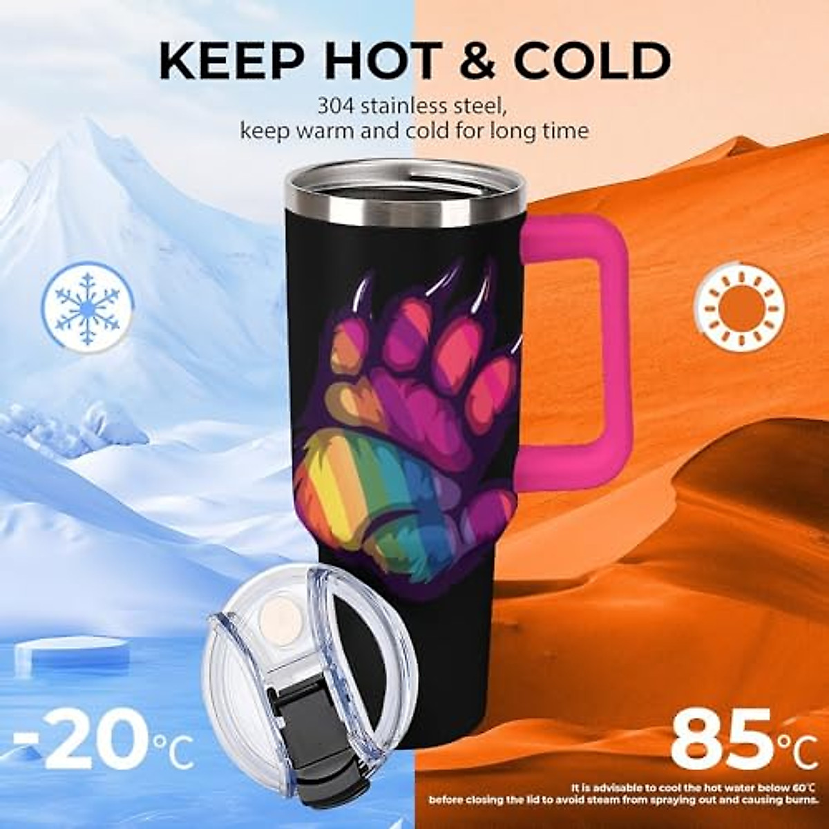 Bear Paw LGBT Rainbow Flag Gay 40 Oz Tumbler Insulated Stainless Steel Water Bottle Travel Mug Car Cup with Handle And Straw