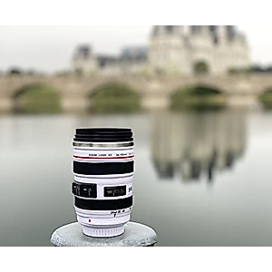 PhantAccy Camera Lens Coffee Mug / Cup Non-BPA Food Grade SUS-304 Stainless Steel Leakproof Travel Mug Tea Water Bottle with Lid and Spoon, 12 Ounce (White)