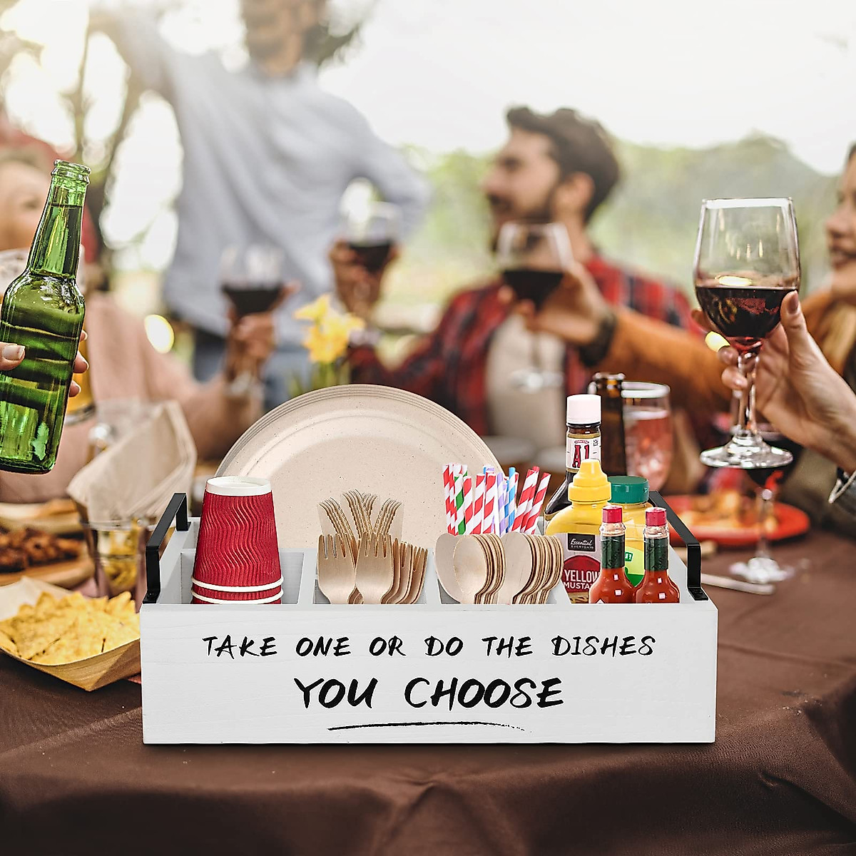 Ameuphercy Wood Utensil Holder for Kitchen Counter - Organizer for Plates, Cups, Forks, Spoons, Napkins - Dispenser and Dish Holder for Weddings, BBQs