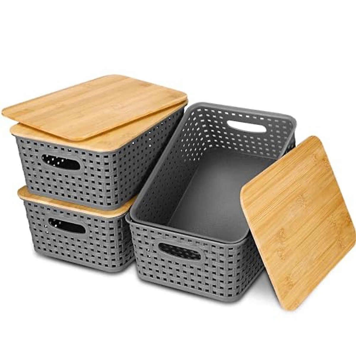Barydat 4 Pack Plastic Storage Baskets with Bamboo Lid Pantry Organization Storage Containers Lidded Bins Container for Shelves Drawers Desktop Closet Playroom Classroom Office(Gray)