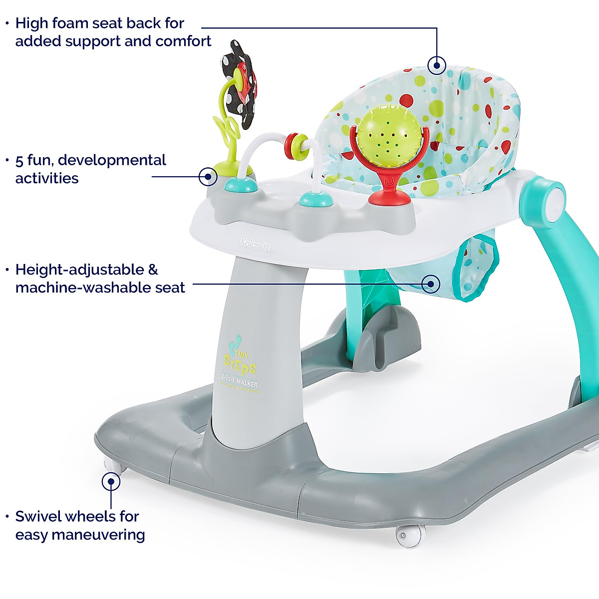 Kolcraft Tiny Steps 2-in-1 Infant & Baby Activity Walker - Seated or Walk-Behind, Jubliee