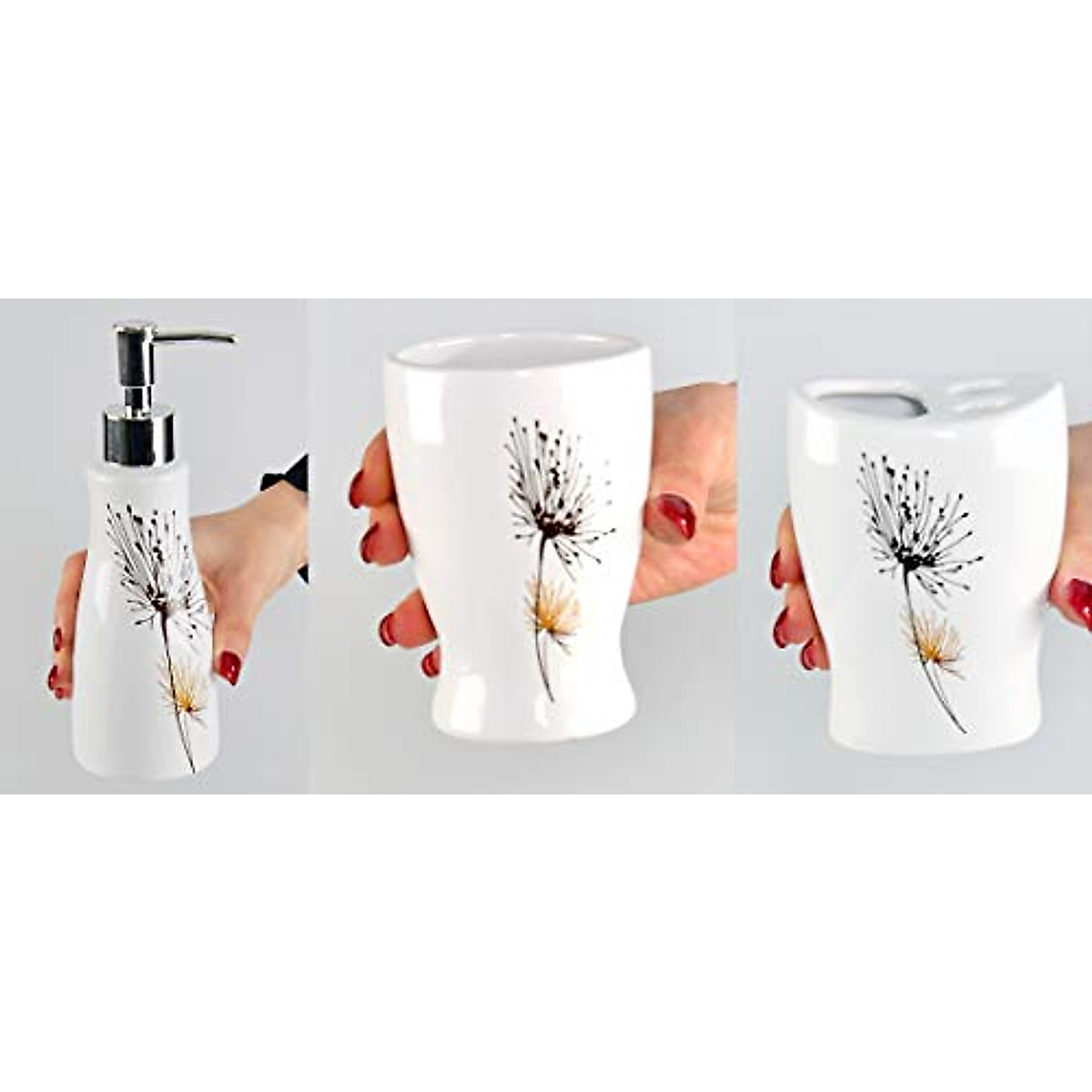 HOME-X Bathroom Accessory Set, 4-Piece Set with Soap Dish, Liquid Dispenser, Tumbler, and Toothbrush Holder, White with Flower Print