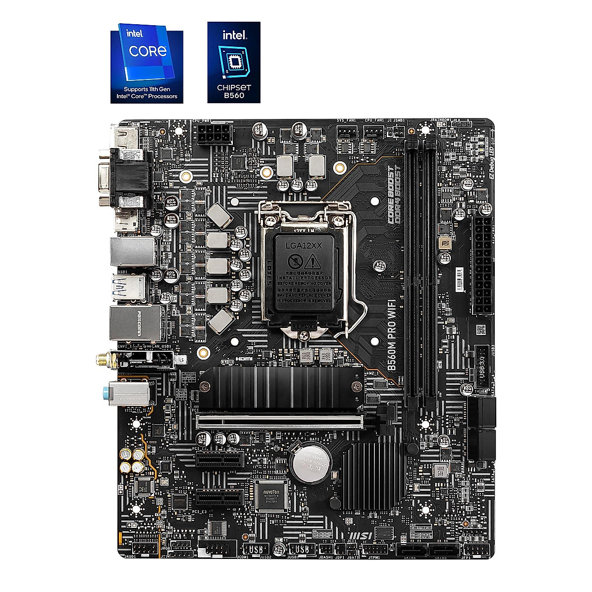 MSI B560M PRO WiFi ProSeries Motherboard (Micro-ATX, 11th/10th Gen Intel Core, LGA 1200 Socket, DDR4, PCIe 4, CFX, M.2 Slot, USB 3.2, 2.5G LAN, DP/HDMI)