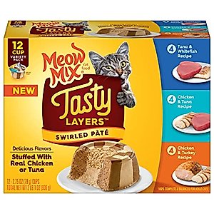 Meow Mix Tasty Layers Swirled Paté Cat Food Variety Pack, 2.75 oz Cup, 12 Pack, 4 Count