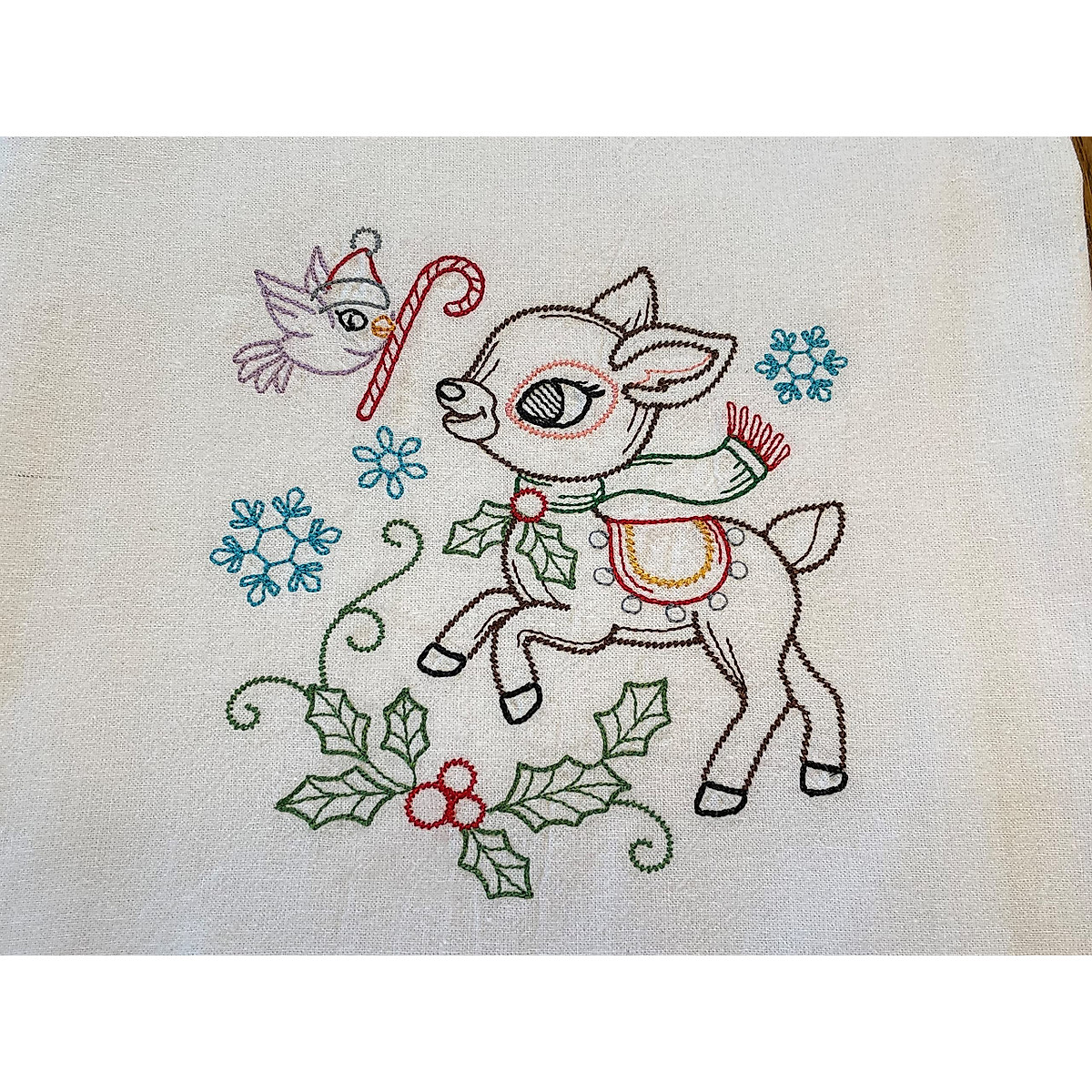 Christmas embroidered flour sack tea towel, Christmas fox, vintage pattern, 1 in set of 7 designs, machine embroidery
