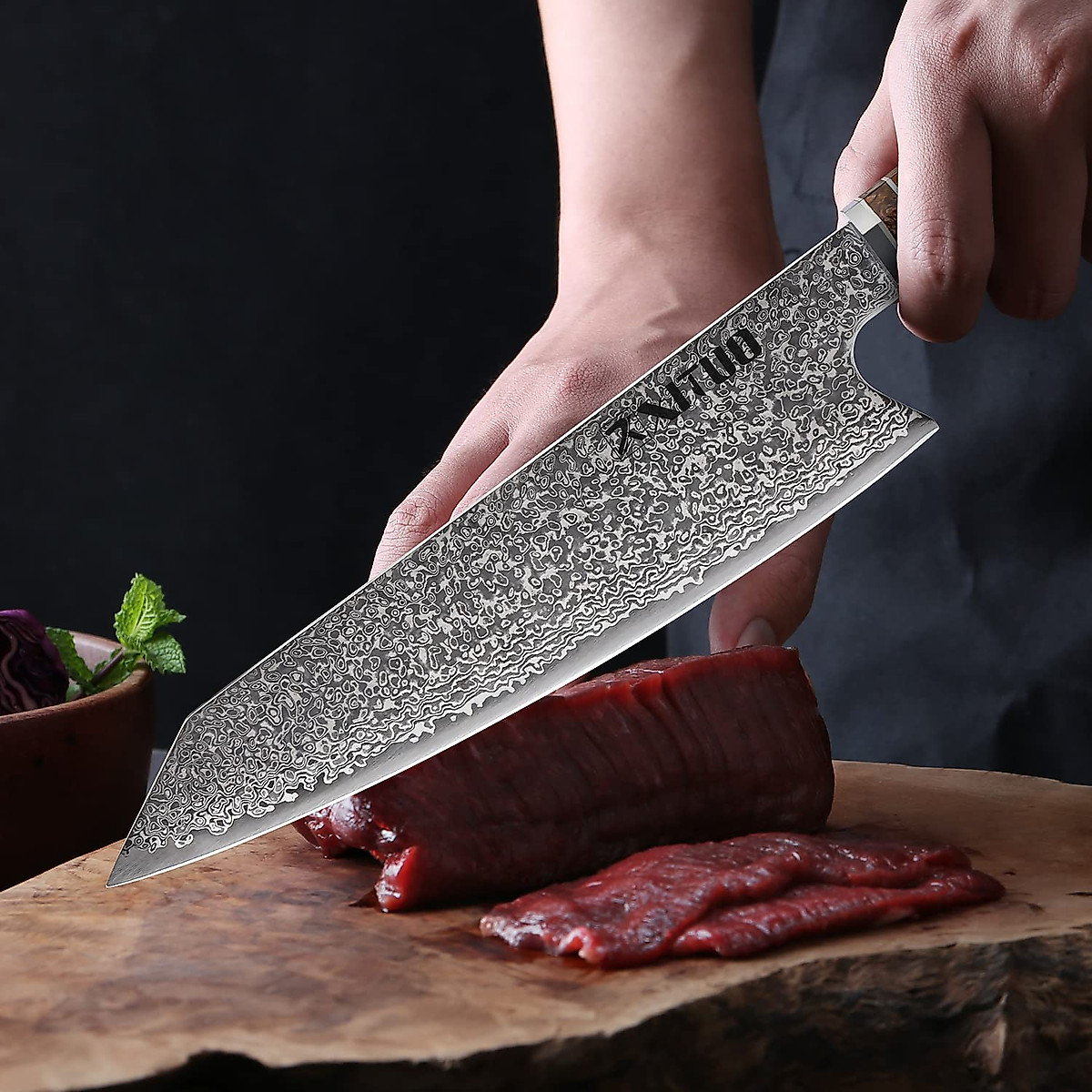 XT XITUO Kiritsuke Chef Knife,8 inch kitchen Knives Japanese VG10 Steel Damascus Kitchen Meat Sushi Cutting Cleaver Knife w/octagon Black Resin handle Gift Box… (Black-8'' Kiritsuke Knife)