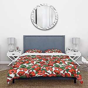 DESIGN ART Designart 'Tropical Red Hibiscus Flowers with Green Leafs On White' Traditional Duvet Cover Set Full - Queen