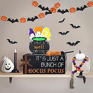 Hocus Pocus Halloween Decorations for Home Indoor - 1 Set of Halloween Wooden Faux Book Stack, 1 Sanderson Sisters Witches Cauldron Sign, 1 Bead Garland & 1 Broom, Halloween Table Tiered Tray Decor