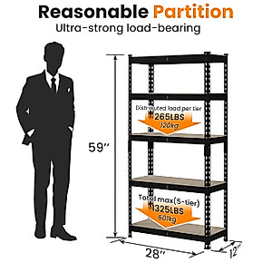 Smaafit 5-Tier Shelves for Wall Storage, Storage Rack Metal Shelves, Heavy Duty, Adjustable, Garage & Warehouse Storage, 28x12x59 Inches, 275 lbs/Level