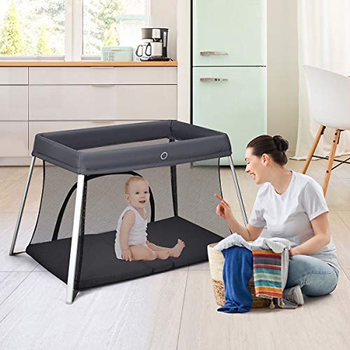 HONEY JOY Baby Travel Crib, Portable Pack and Play Travel Bassinet with Carry Bag, Lightweight Baby Playpen w/Washable Mattress, Side Zipper Door, Large Foldable Play-Yard for Infant Boy Girl (Gray)