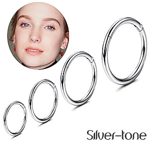 Jstyle 8Pcs 18G Stainless Steel Hinged Clicker Segment Nose Ring Hoop Piercing for Men Women Cartilage Daith Tragus Sleeper Earrings Improved Clasp 6-12MM,Silver Tone