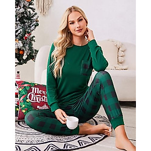 difficort Christmas Pajamas for Women Long Sleeve Shirt and Pajama Pants Soft Lounge Sets with Pockets, Dark Green, Medium