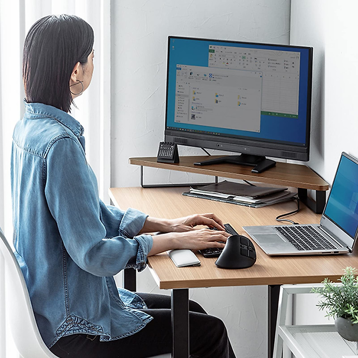 Walnut Ergonomic Computer Monitor Stand, Monitor Riser for Corner Workstation, Space Saving Corner Laptop Stand, Wooden Triangle Screen Riser