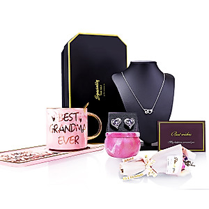 RARVA Grandma Gifts -Thank You Gifts Basket for Birthday Mothers Day Include Silver Heart Necklace Earrings Coffee Mug Set Candle Flower Grandmother Personized Gift Basket