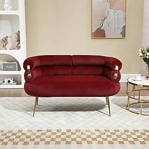 Loveseat Sofa Small Velvet Couch with Gold Metal Feet Modern Mini Settee Loveseat with Curved Back Comfy Accent Upholstered Cloud Sofa for Bedroom Small Spaces, 50'' Wine Red