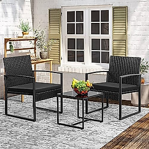 Devoko 3 Piece Patio Outdoor Furniture Set Wicker Table and Chairs Set for Balcony Porch Bistro, Black