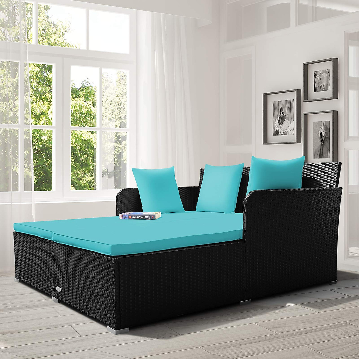 Tangkula Outdoor Rattan Daybed, Sunbed Wicker Furniture w/Spacious Seat, Upholstered Cushion & High-Resilience Sponge, Wicker Patio Sofa Set w/Extra Pillows for Courtyard Poolside(Turquoise)