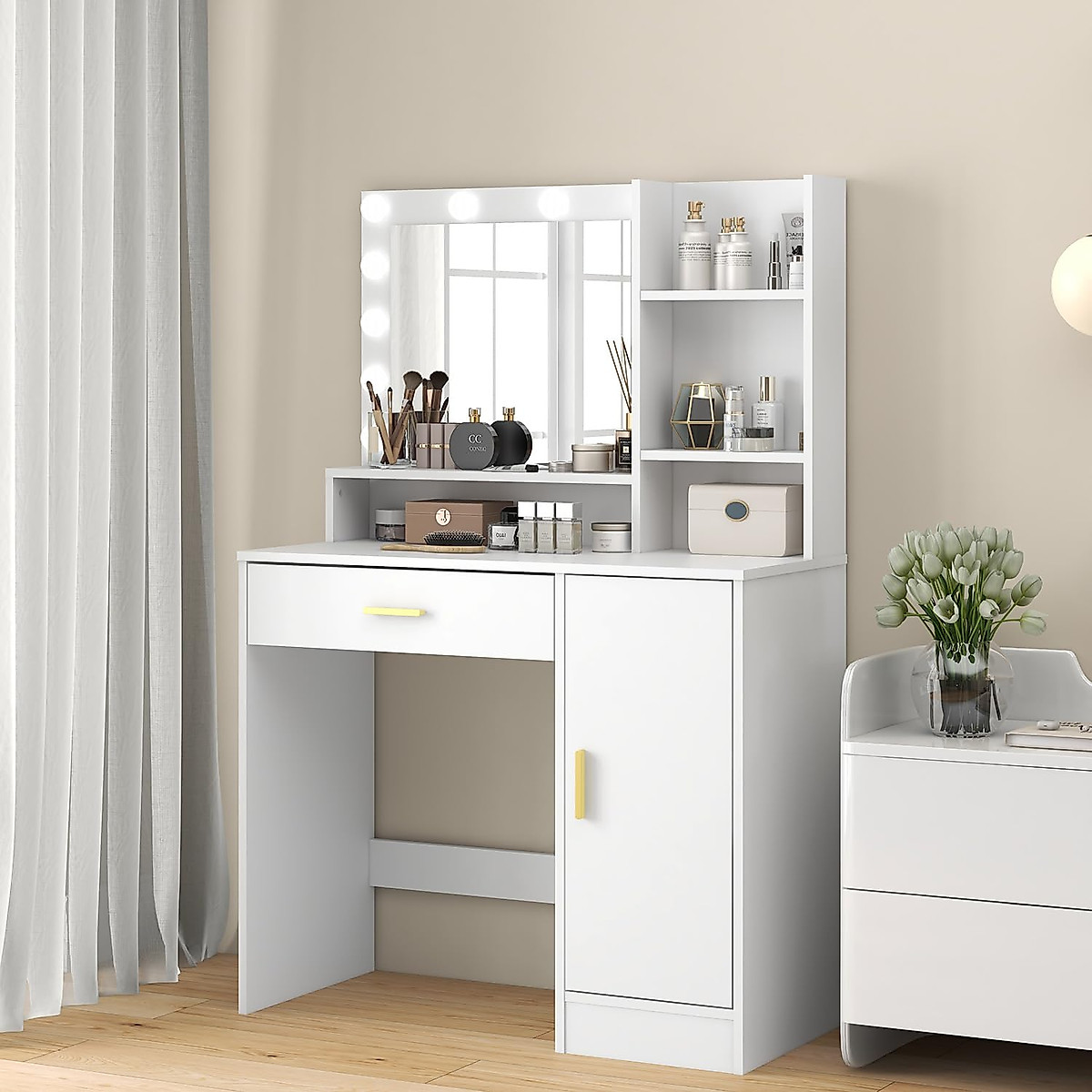 Vanity Desk, Vanity Mirror with Lights and Table Set with 1 Big Drawers, 1 Cabinet & 4 Shelves Makeup Vanity Set 3 Lighting Modes Brightness Adjustable Dressing Table (White)