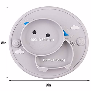 Baby Plate Silicone Placemat One-Piece, Suction Toddler Plates , Divided Dishes for Toddler Kids, Self Feeding, BPA Free, Microwave & Dishwasher Safe
