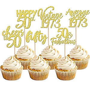 36PCS Happy 50th Birthday Cupcake Toppers Glitter Fifty Vintage 1973 Cupcake Picks Awesome Since 1973 Cheers to 50 Fabulous Cake Decorations for 50th Birthday Anniversary Party Supplies Gold