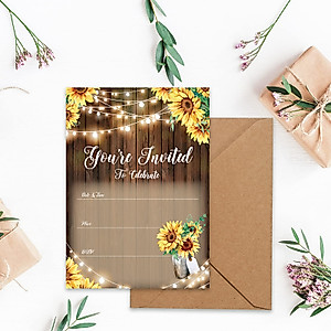 AnyDesign Rustic Sunflower Fill-in Party Invitations, 25 Sets with 25 Envelopes, Suitable for Birthday, Baby Shower, Wedding, Bridal Shower, Rehearsal Dinner, Anniversary, etc.