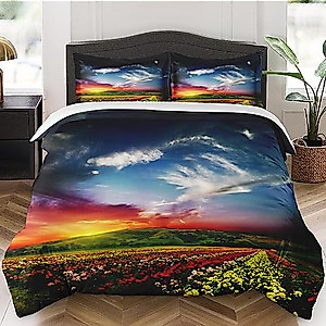 Duvet Cover Queen Size, Colorful Sunset Spring Summer Bedding Set with Zipper Closure for Kids and Adults, Red Sun Green Comforter Cover with 2 Pillow Shams for Bedroom Bed Decor