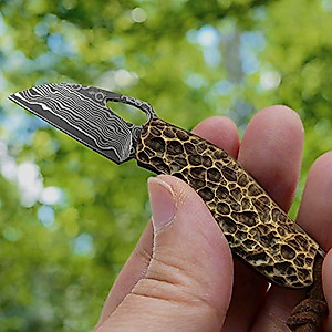 Cool Hand 2'' EDC Flip Joint Folding Knife, Small Pocket Knives w/ 1.25'' VG10 Damascus Steel Blade, Brass Handle w/Leather Lanyard，Tin Box Packaging