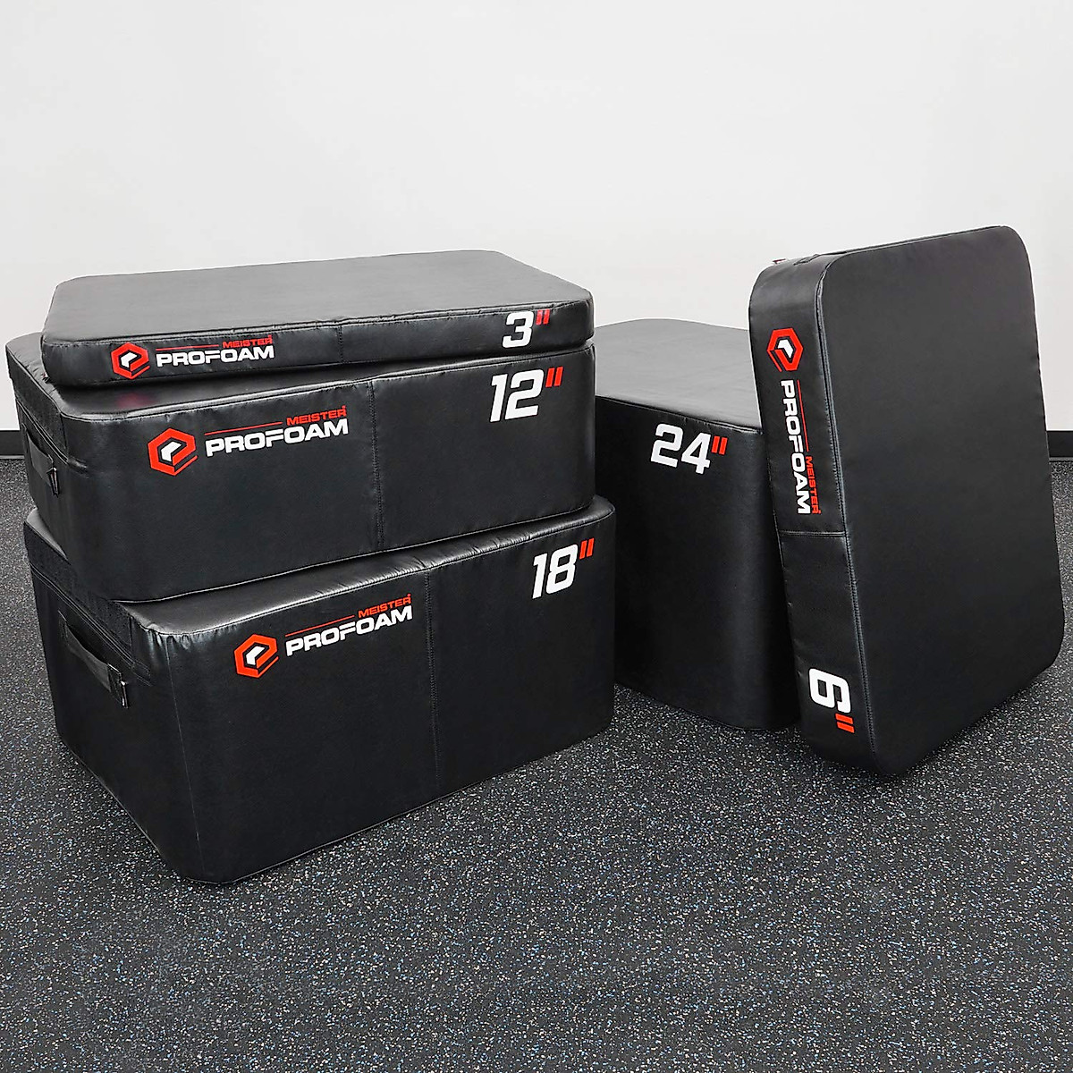 Meister PROFOAM Plyo Boxes - Foam Plyometric Jump Boxes for Professional Gyms - Black - 5 Box Set (24", 18", 12", 6", 3")
