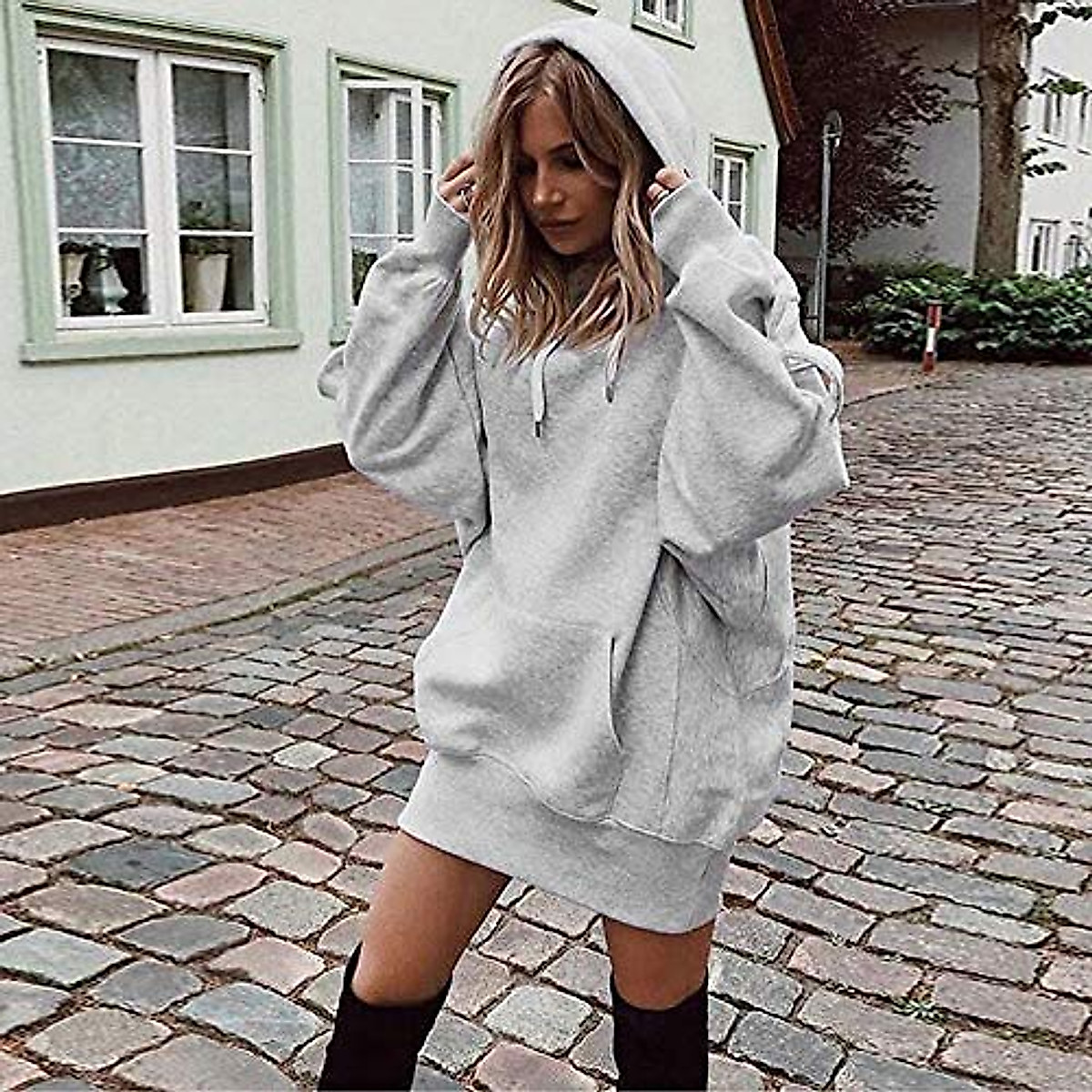 Women's Long Sleeve Loose Hooded Sweatshirt Casual Solid Drawstring Pullover Hoodies Top Blouse Winter Autumn
