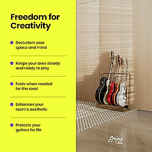 String Swing Guitar Stand, Multi Guitar Rack for Acoustic, Electric, Bass Guitars, Hand Welded Steel & Oak Hardwood, Padded Guitar Holders, Guitar Stands Floor - USA Made