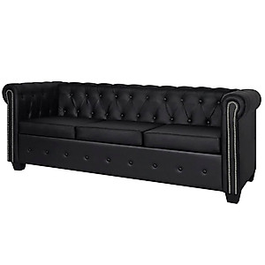 CUSON Chesterfield Sofa 3-Seater | Modern 3-Seat Sofa Couch | Living Room Sofa | Black Artificial Leather with Wooden Frame 78.9" x 30" x 27.6"