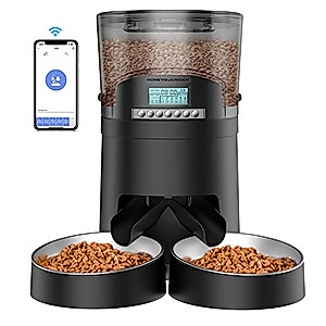 HoneyGuaridan Automatic Cat Feeder for 2 Cats,Wi-Fi Smart Pet Feeder,Timer Cat Food Dispenser for Cats & Dogs, APP Control,Dessicant, Voice Recorder,Stainless Steel Bowl 1-6 Meals a Day (Black)