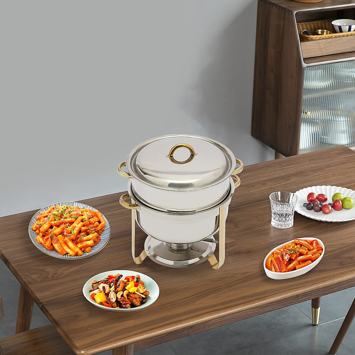 201 Stainless Steel chafing dish, 14.2 Qt Deluxe Round Gold Accent Soup Chafer, Chafing Dish Buffet Set for parties, catering, buffets, 15.35 * 15.75inch