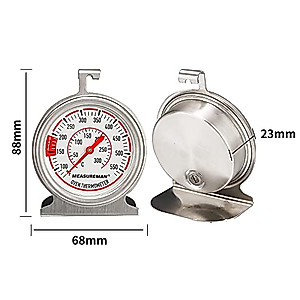 MEASUREMAN Oven Thermometer 70mm Dial Size, Heavy Duty 304 Stainless Steel Case and Fringe, with Hook, 100-550F/C, 2.5% Accuracy, Blow-Out at Back