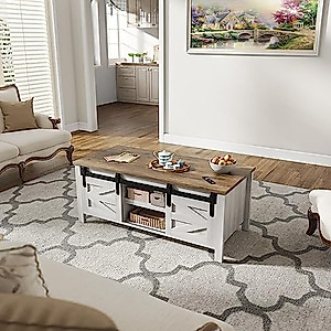 Furmax Coffee Table with Storage and Sliding Barn Doors, Farmhouse Living Room Table with Adjustable Shelves, Wood Rustic Center Table for Home Living Meeting Room (Antique White)