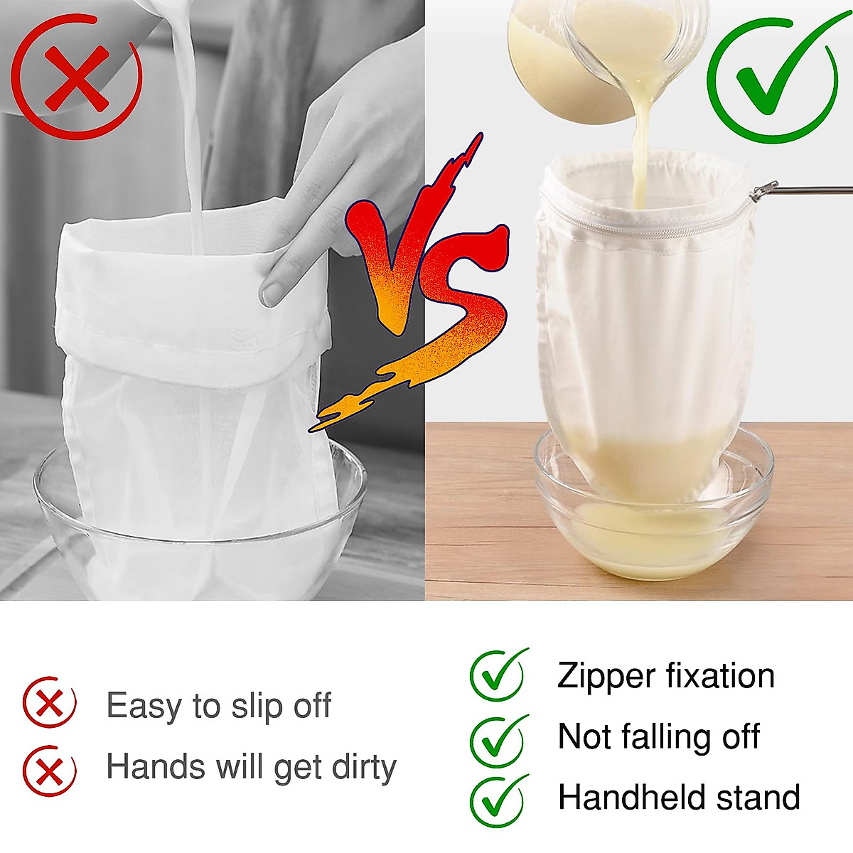 FATCAT Nut Milk Bag Strainer with Stand, Strainers Fine Mesh Bags, Jelly strainer, Reusable Cheese Cloth Bag for Straining for Filter Juices, NutMilk, Cheese, Honey, Butter, S