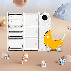 duke baby Kids 3 Layer Toy Storage Organizer with 5 Storage Bins, 3 Toy Cabinets with Doors, Display Bookshelves and Toy Cart for Kids Playroom Bedrooms Age 1-12, Space Collection Medium