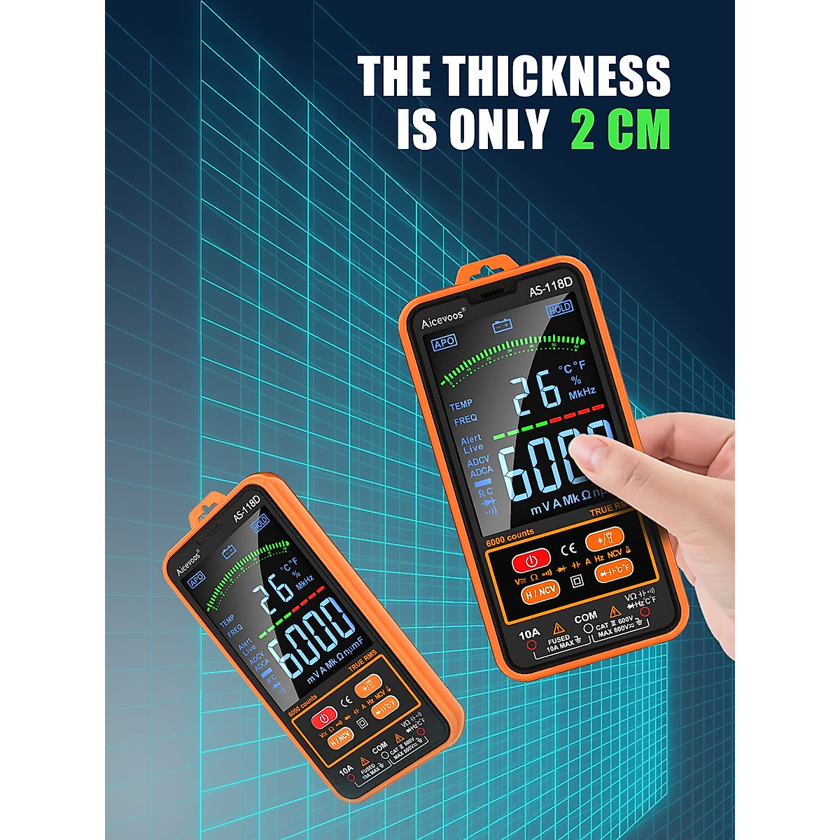 Aicevoos AS-118D Smart Digital Multimeter Auto-Ranging Voltmeter Electrical Tester Measures Voltage Current Capacitance Resistance Continuity Duty-Cycle Temperature Frequency